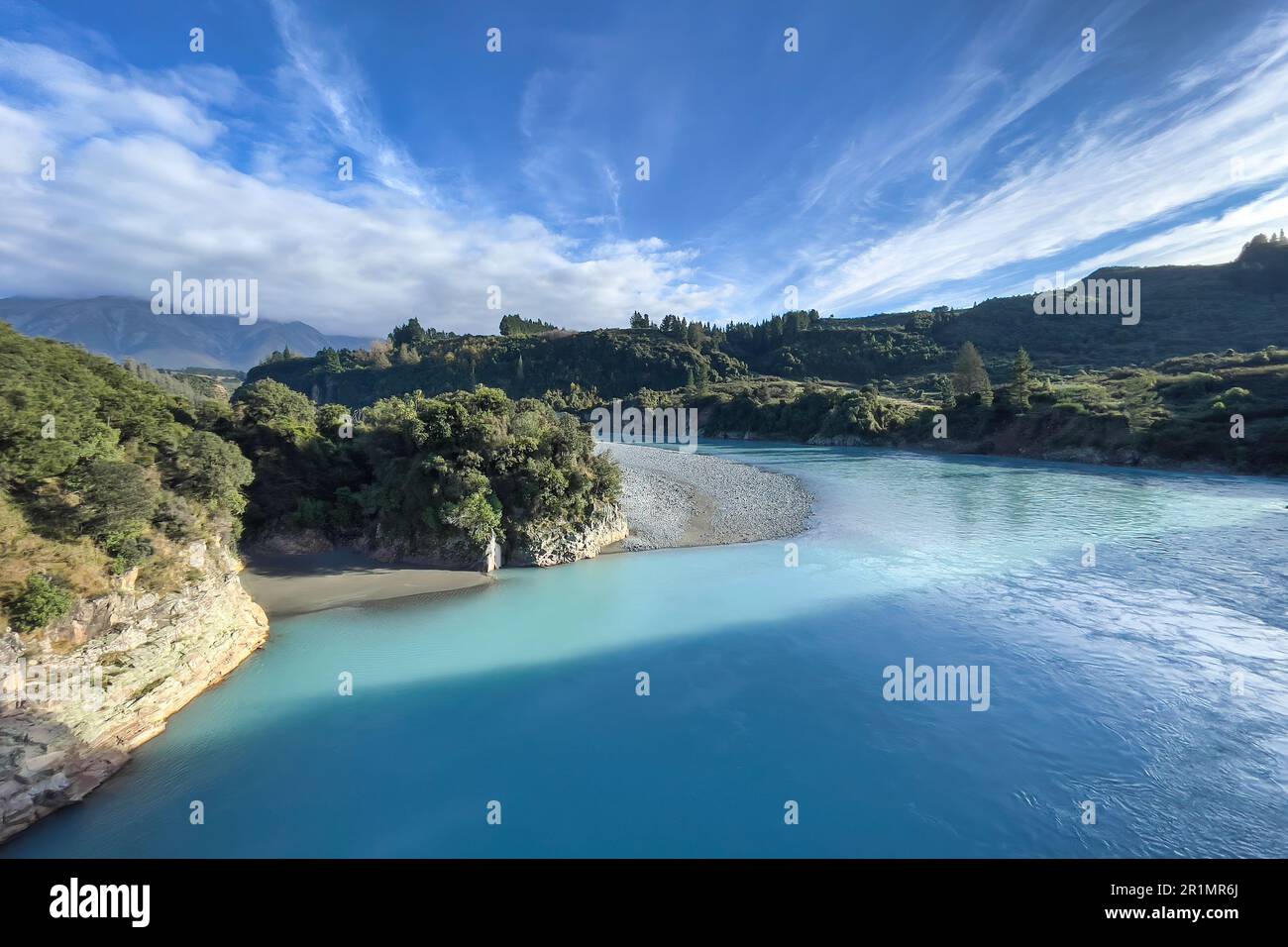 The incredible turquoise blue water of the Rakaia river flowing through ...