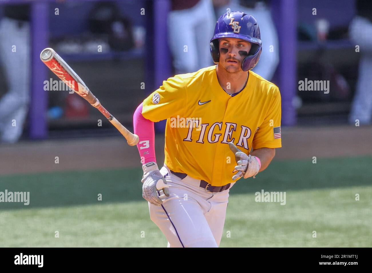 May 14, 2023: LSU's Dylan Crews (3) tosses the bat after drawing a walk ...