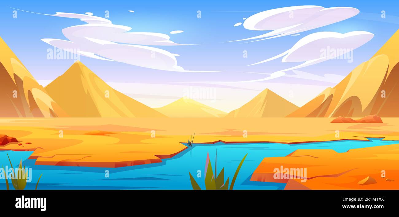 Desert river landscape with yellow sand dunes or mountains vector ...