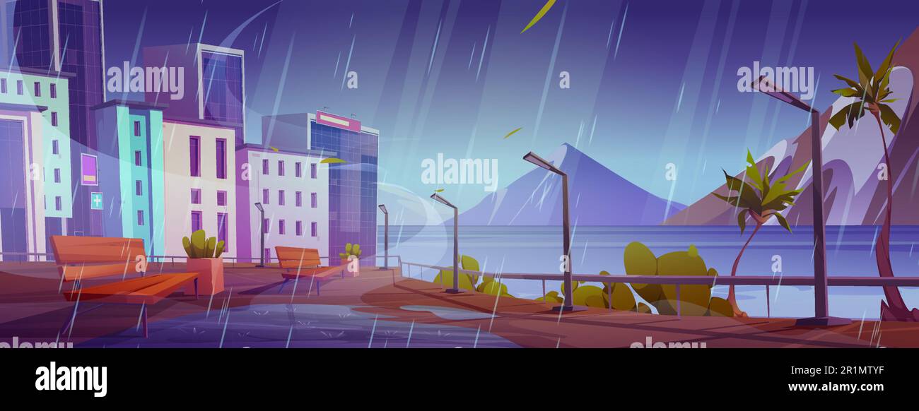 Rainy city embankment, bench on street near river and downtown building ...