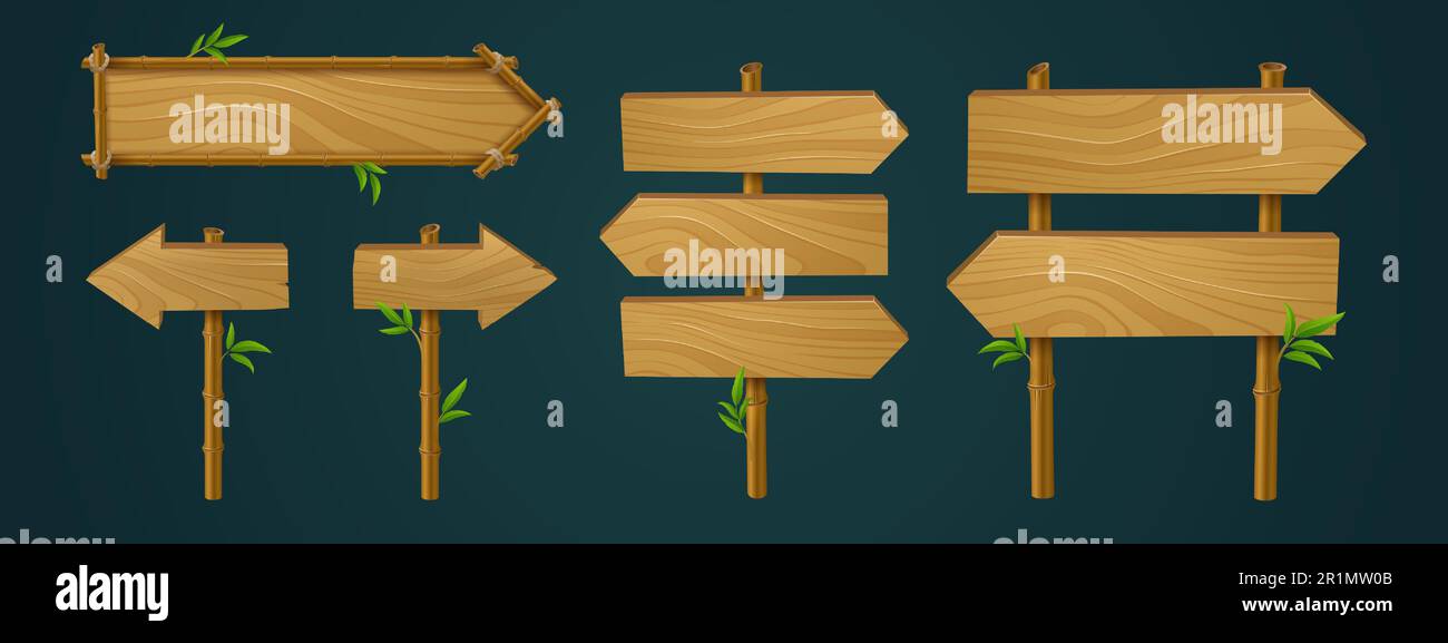 Wood pointer bamboo game ui frame vector. Direction arrow sign board on ...