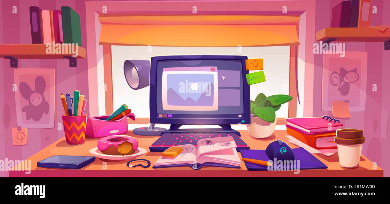 Workspace near window in girly room with pink walls. Vector cartoon ...