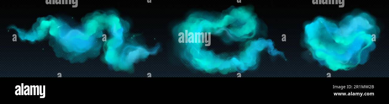 Realistic set of turquoise smoke clouds isolated on transparent ...