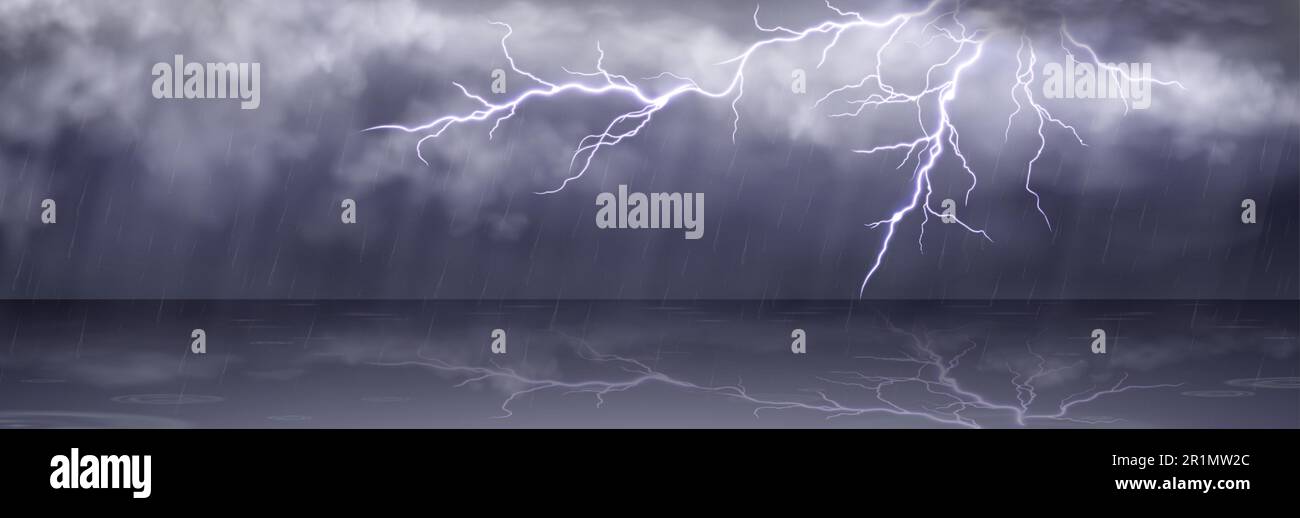 Rainy thunderstorm vector background lightning in sky. Dark cloudy storm weather and thunder in ...