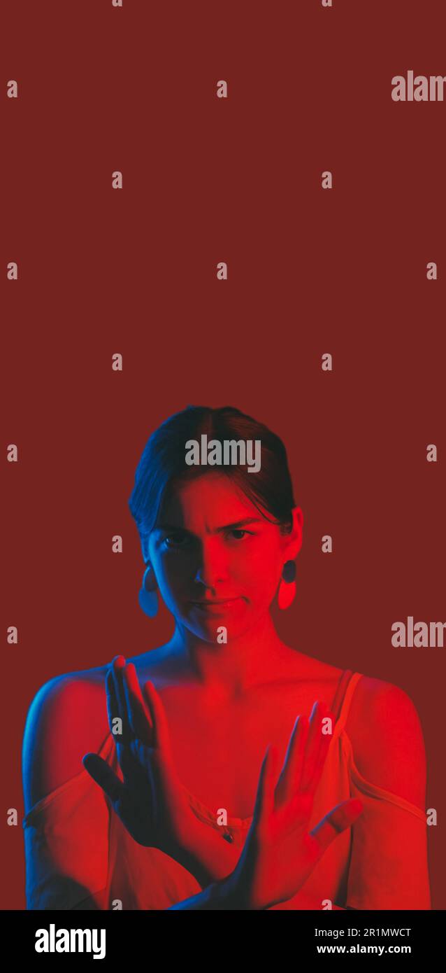 Forbidden girl no way gesture strict serious woman Stock Photo - Alamy