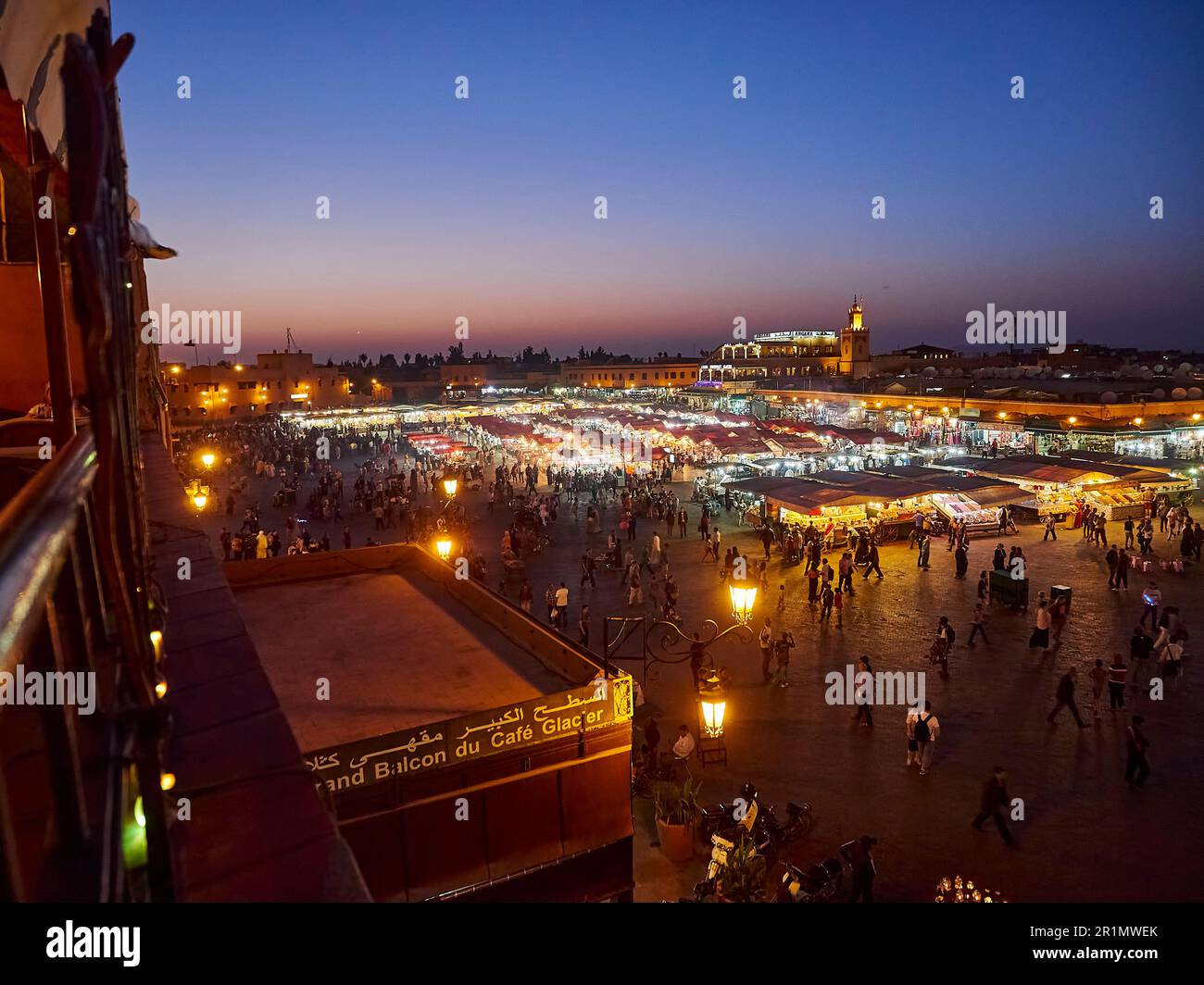 Panoramic view of Jemaa el Fnaa suq square and market at the medina of ...