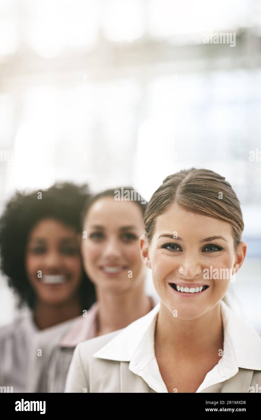 Business people, face and woman management with team in portrait, smile ...
