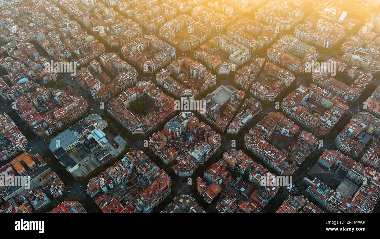 Barcelona City above the clouds and fog, typical buildings of Barcelona ...