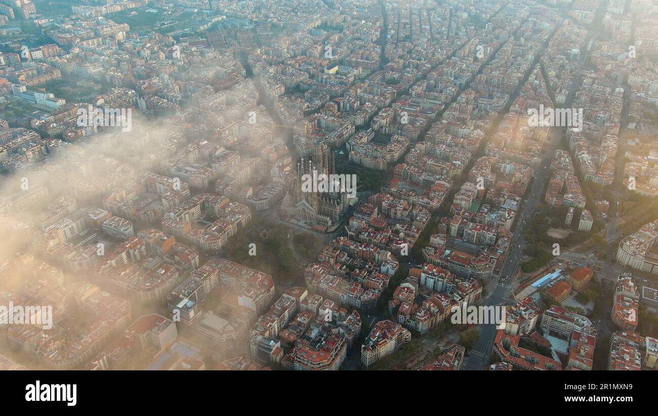 Barcelona City above the clouds and fog, Sagrada Familia Cathedral ...