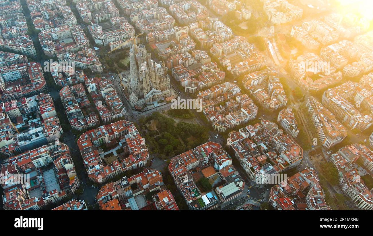 Barcelona City above the clouds and fog, Sagrada Familia Cathedral ...
