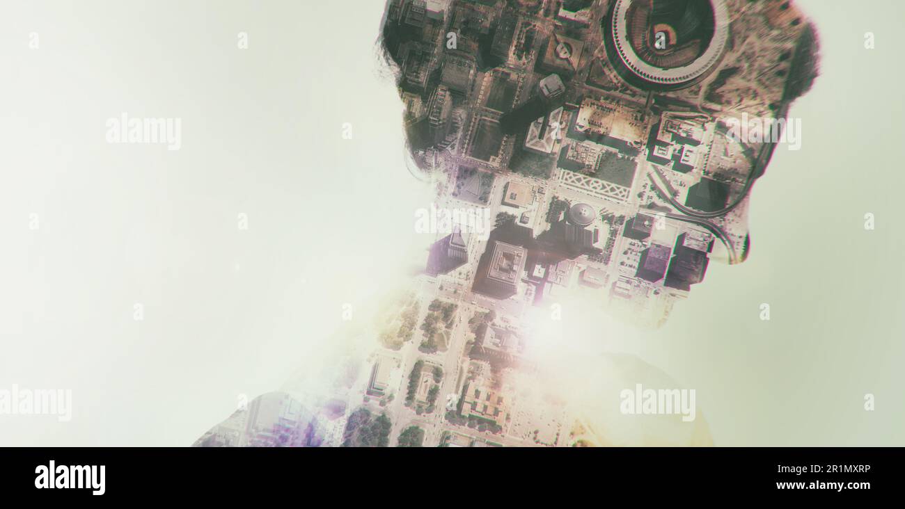 Double exposure, city and woman face with cityscape and neighborhood ...