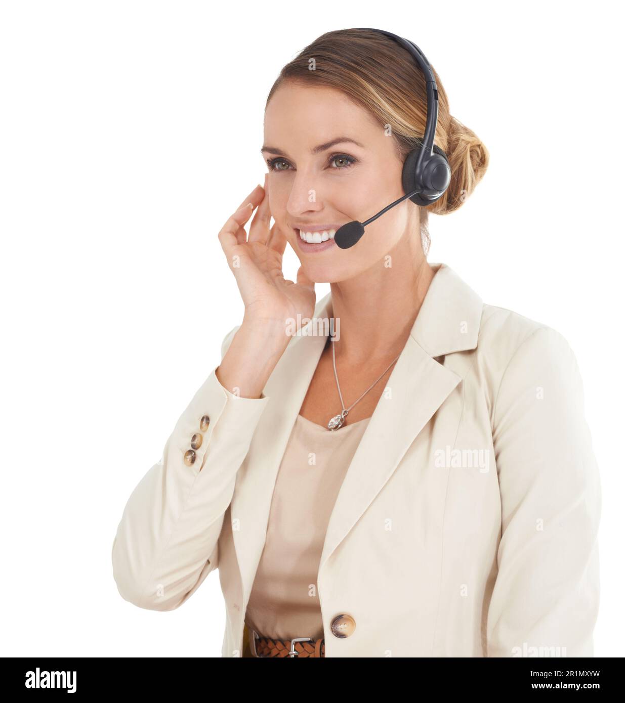 Call center, smile and headset with woman in studio for communication ...