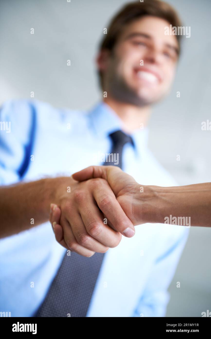 Closeup, handshake and deal of business people, teamwork and thank you ...