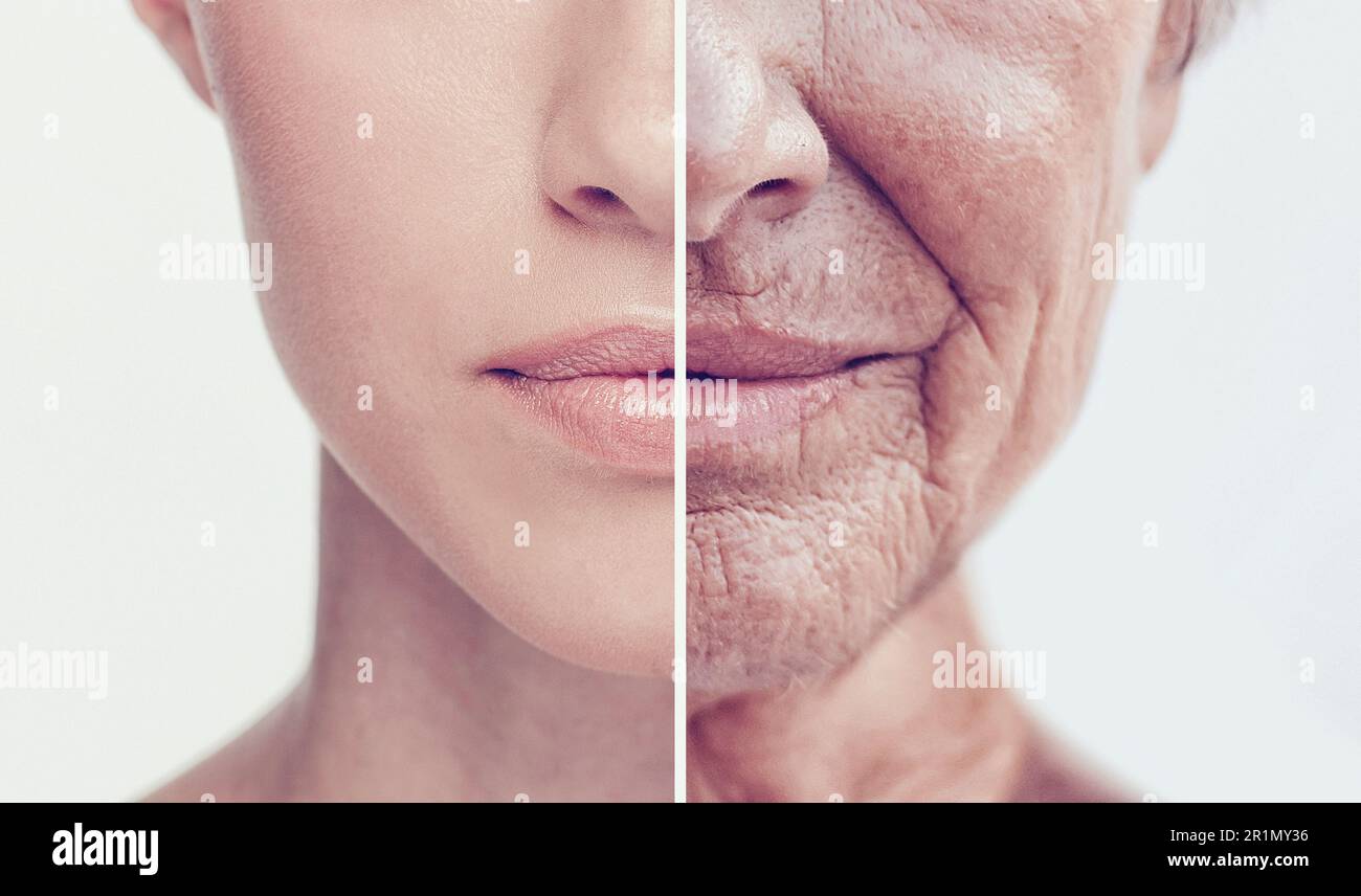Comparison, old and young women faces in studio for skincare, wrinkles ...