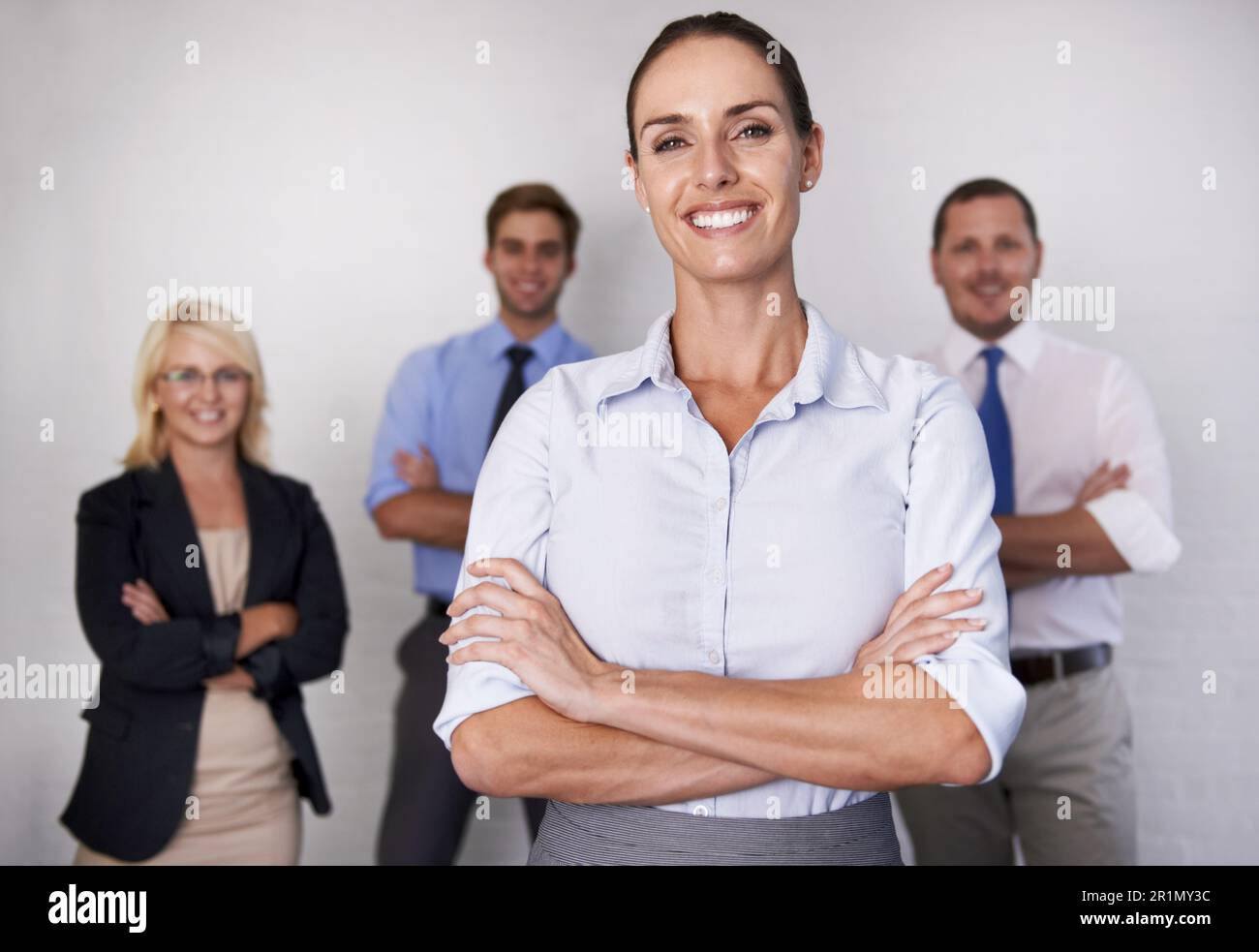 Portrait, happy woman and leadership of team, white background and ...