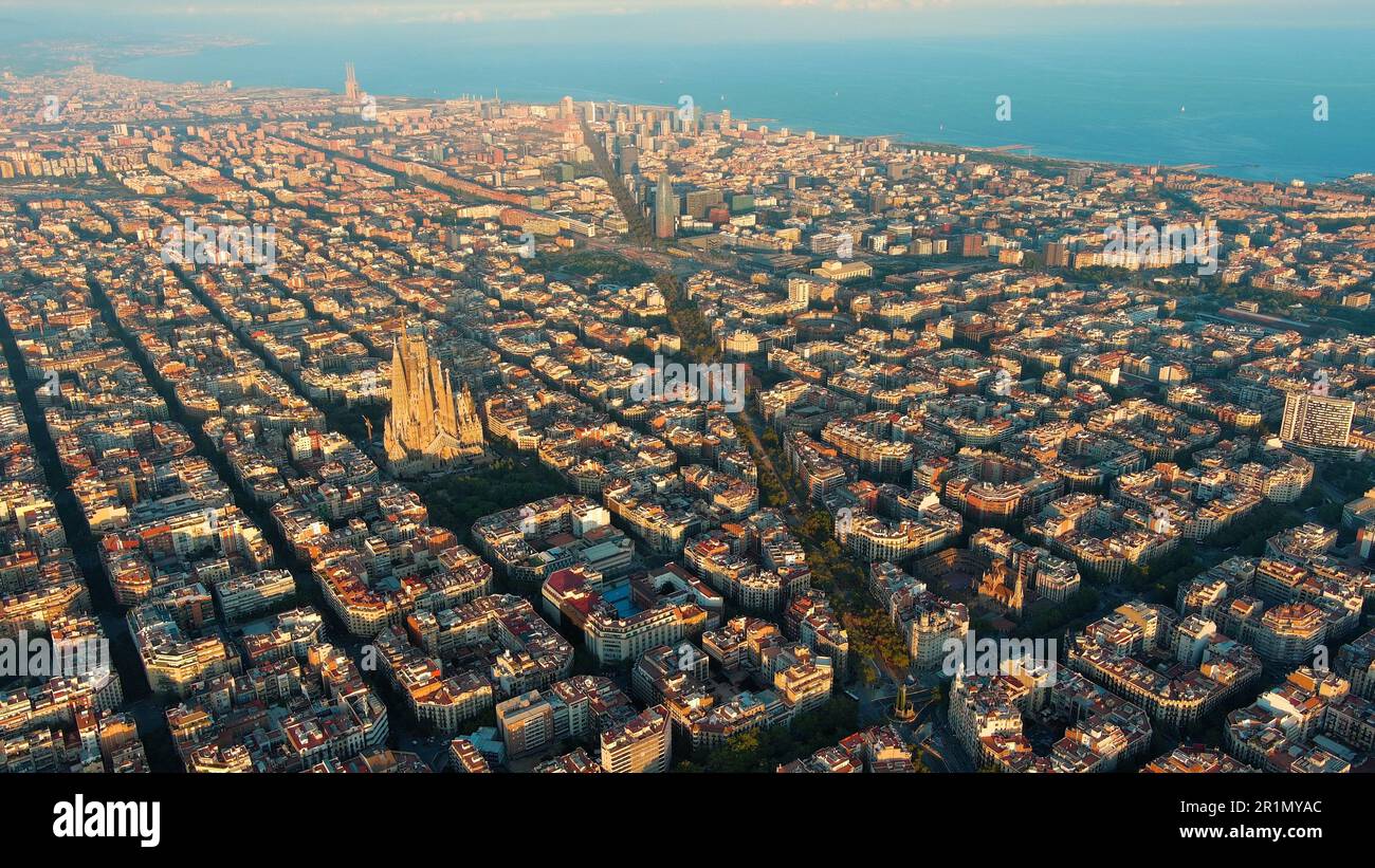Aerial view of Barcelona city skyline, Basilica Sagrada Familia and ...