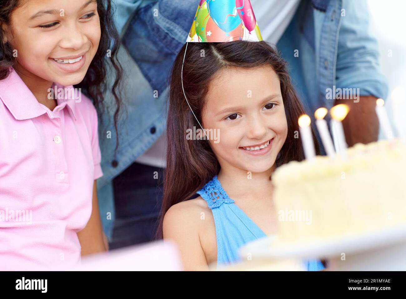 Birthday cake, kids party celebration and happy children, friends or ...