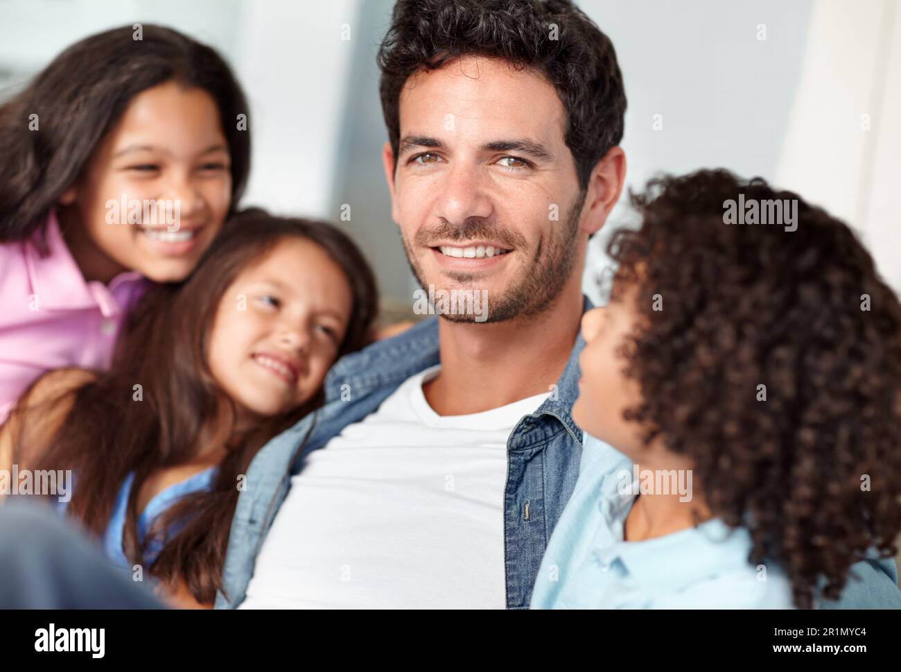 Happy family love, dad portrait and kids bonding, relax and enjoy ...