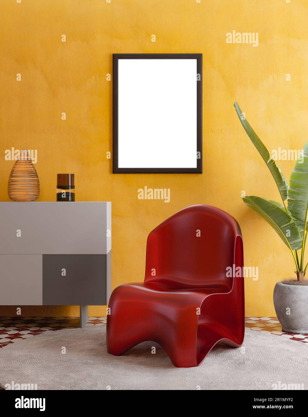 Empty photo frame mockup hanging on yellow wall background. Glass chair ...