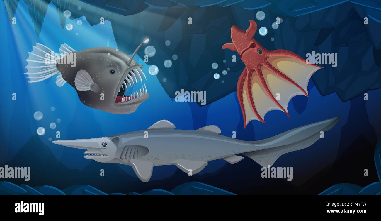 Ocean with Deep Sea Creatures illustration Stock Vector Image & Art - Alamy