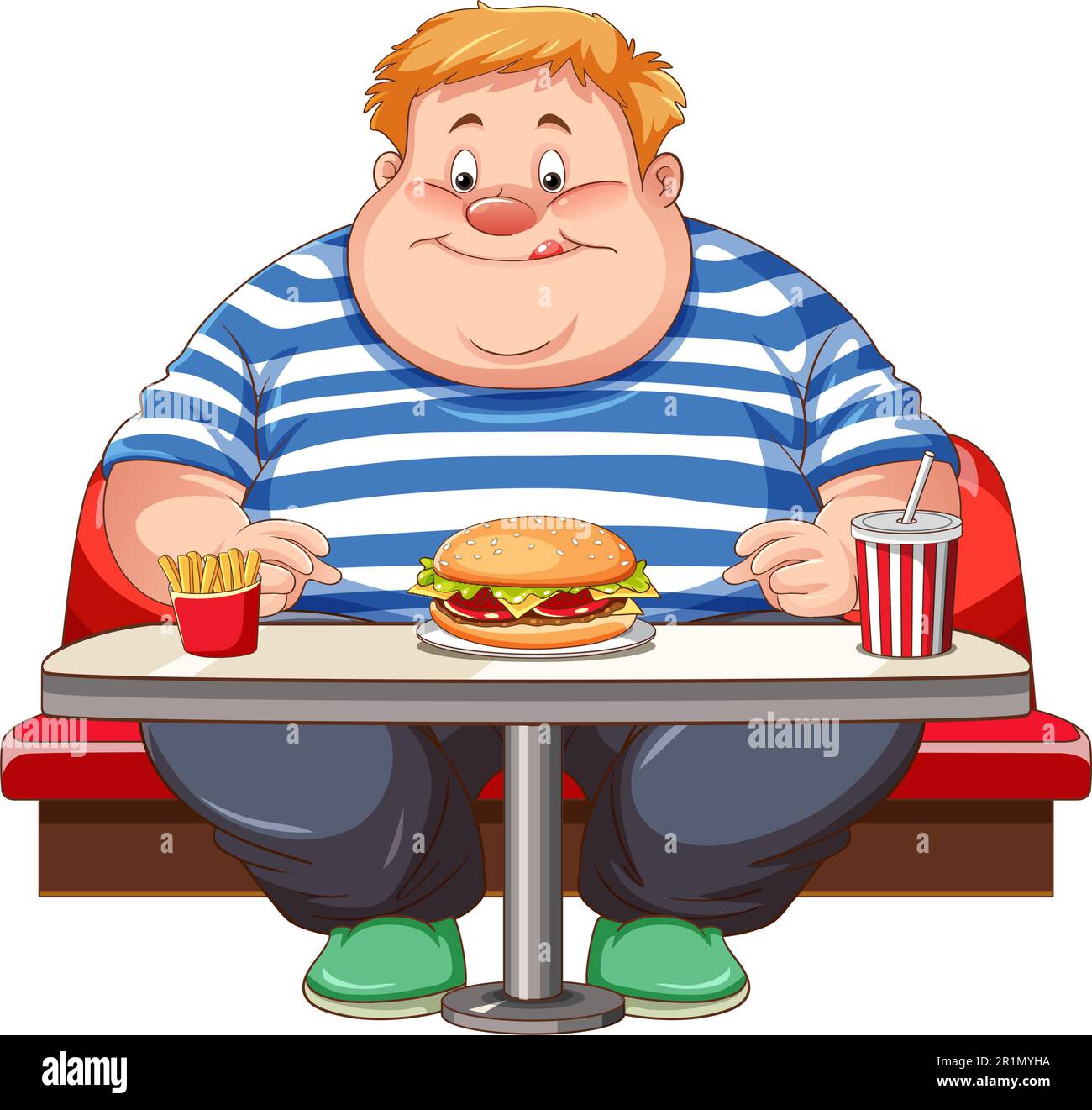 Overweight man eating fast food at the restaurant isolated illustration ...