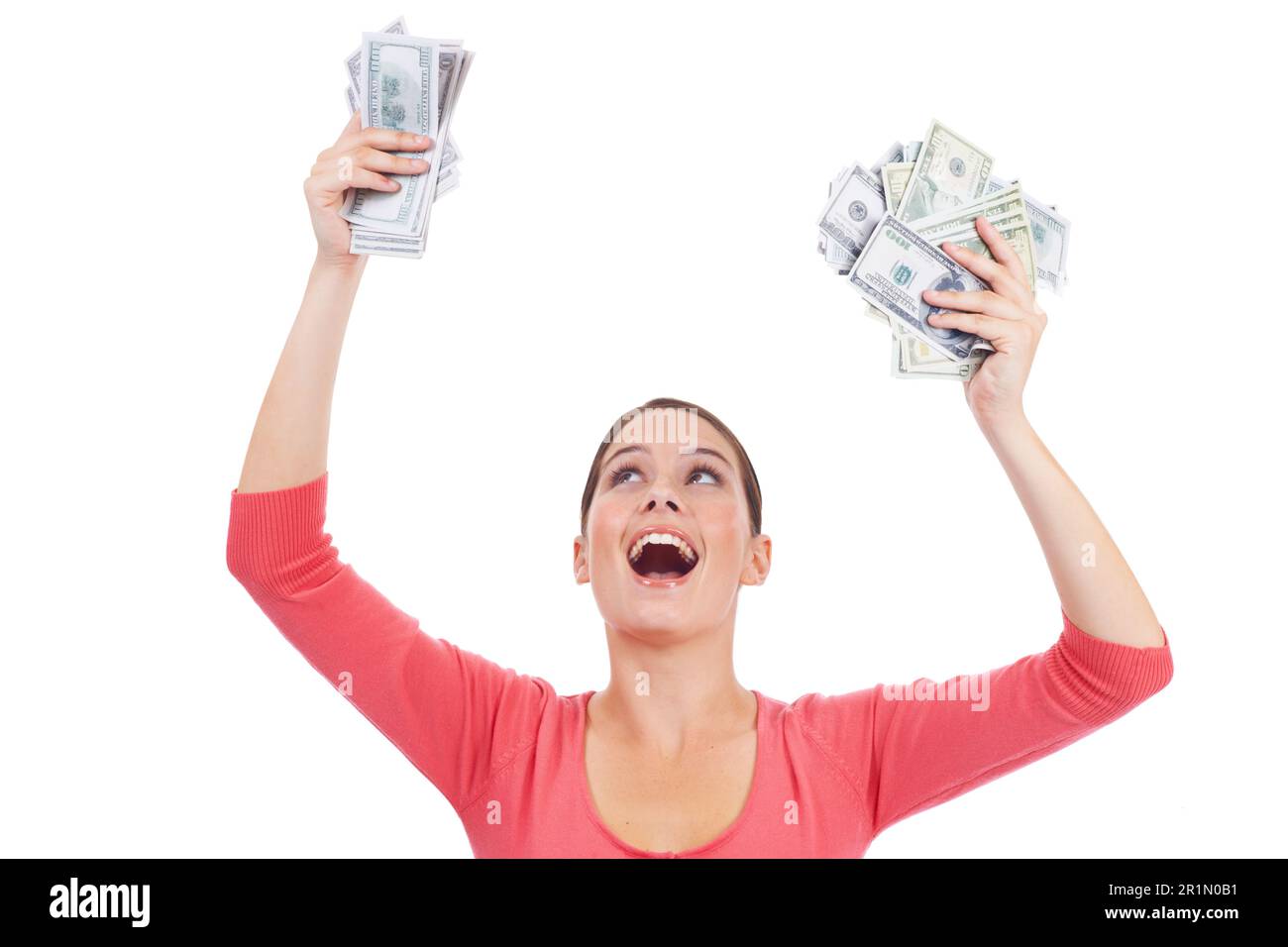 Studio money, excited and woman celebrate winning lottery, competition ...