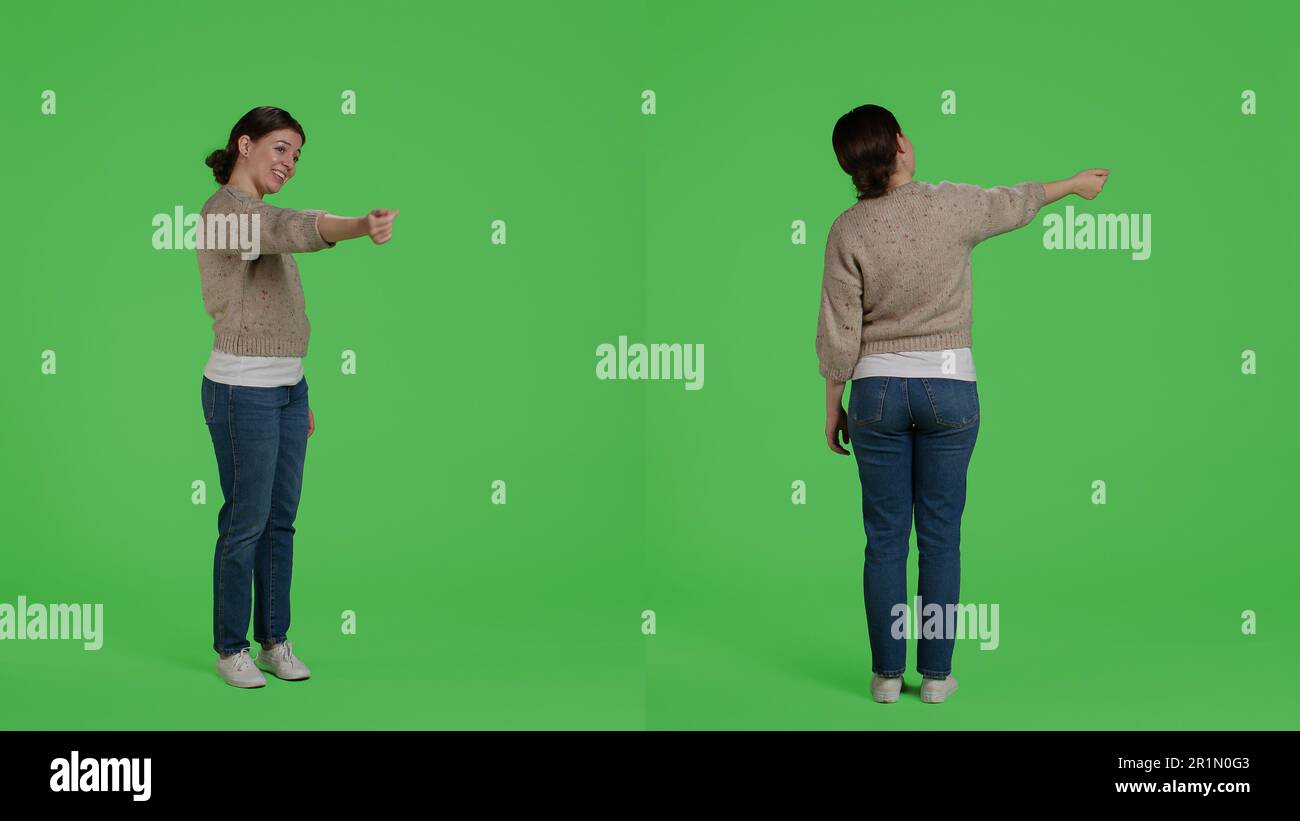 Caucasian person asking for someone and reaching hand out Stock Photo ...