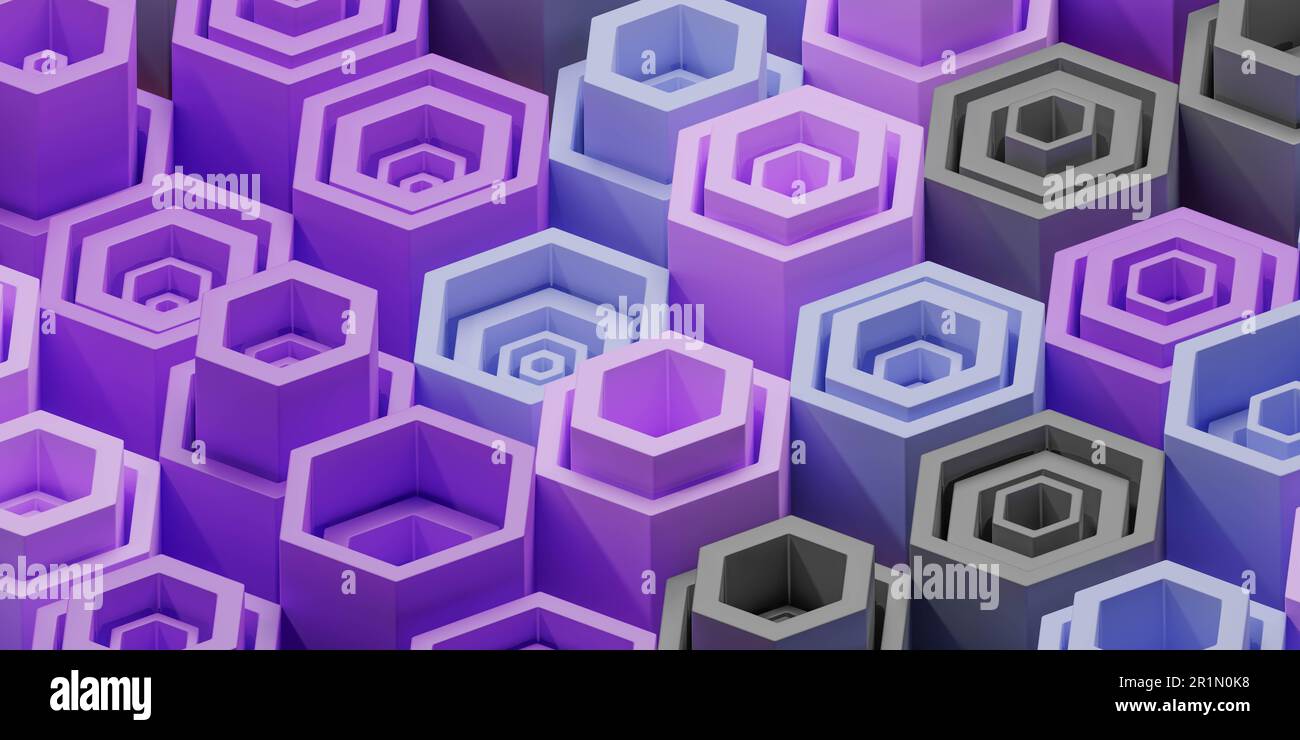 purple and white hexagonal objects arranged in a pattern 3d render ...