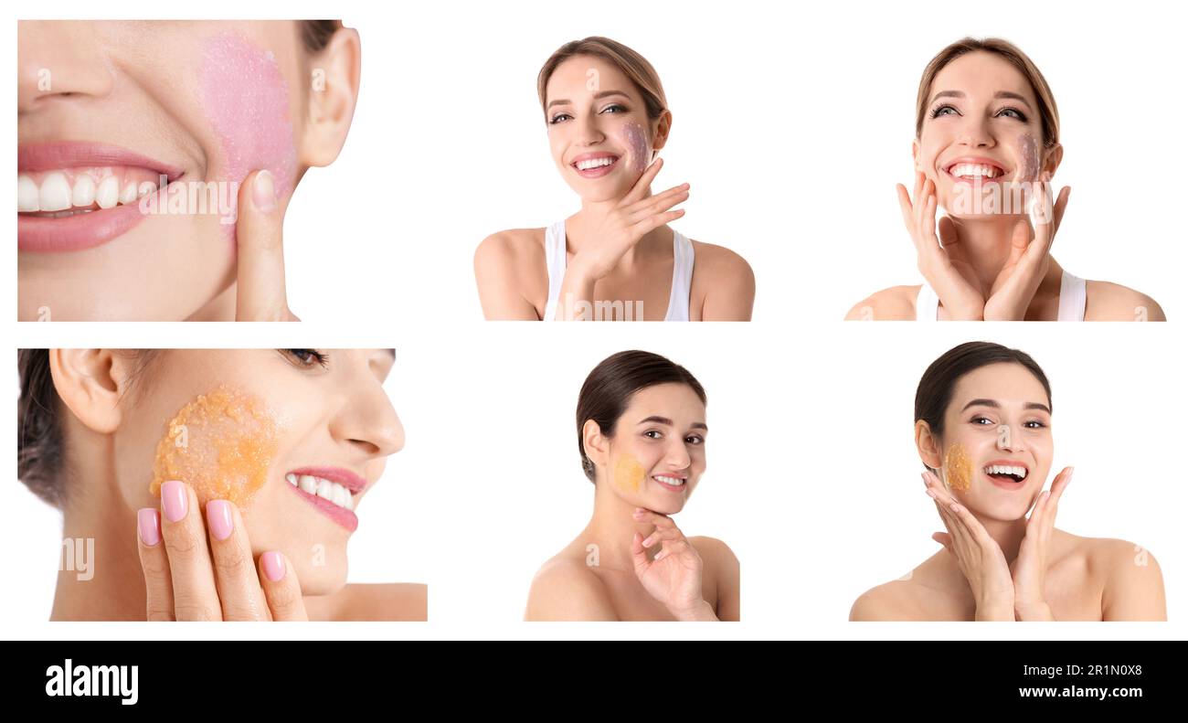 Collage with photos of young women applying body scrubs on white ...