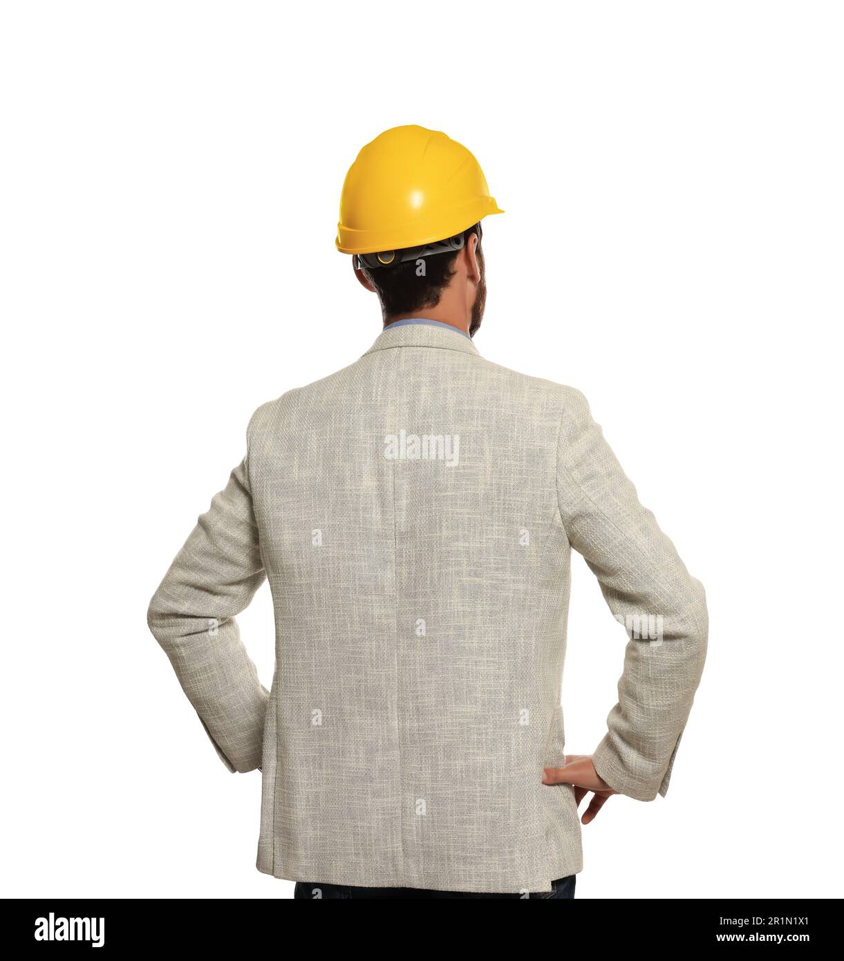 Professional engineer in hard hat isolated on white, back view Stock ...