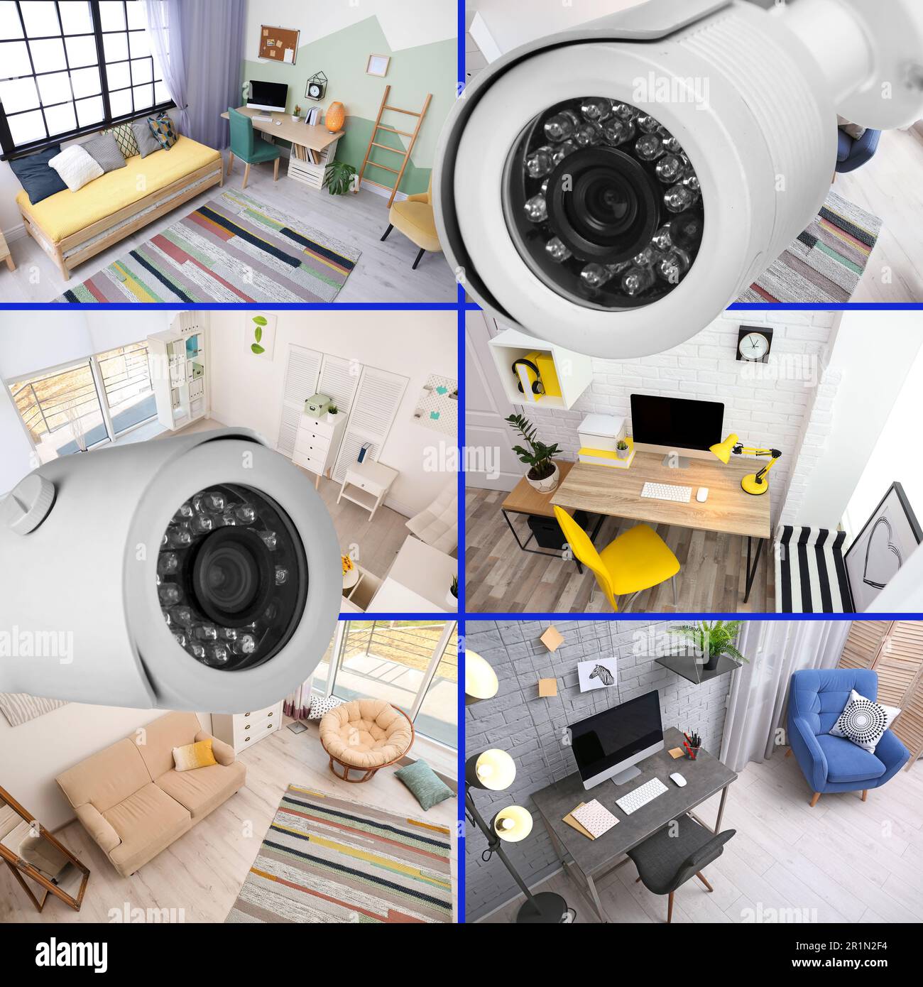 View of rooms through CCTV cameras. Collage Stock Photo - Alamy