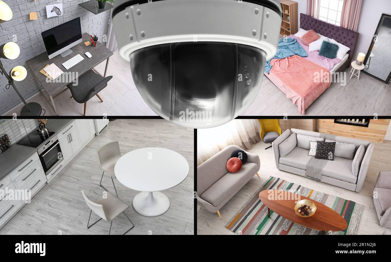 View of rooms through CCTV cameras. Collage Stock Photo - Alamy