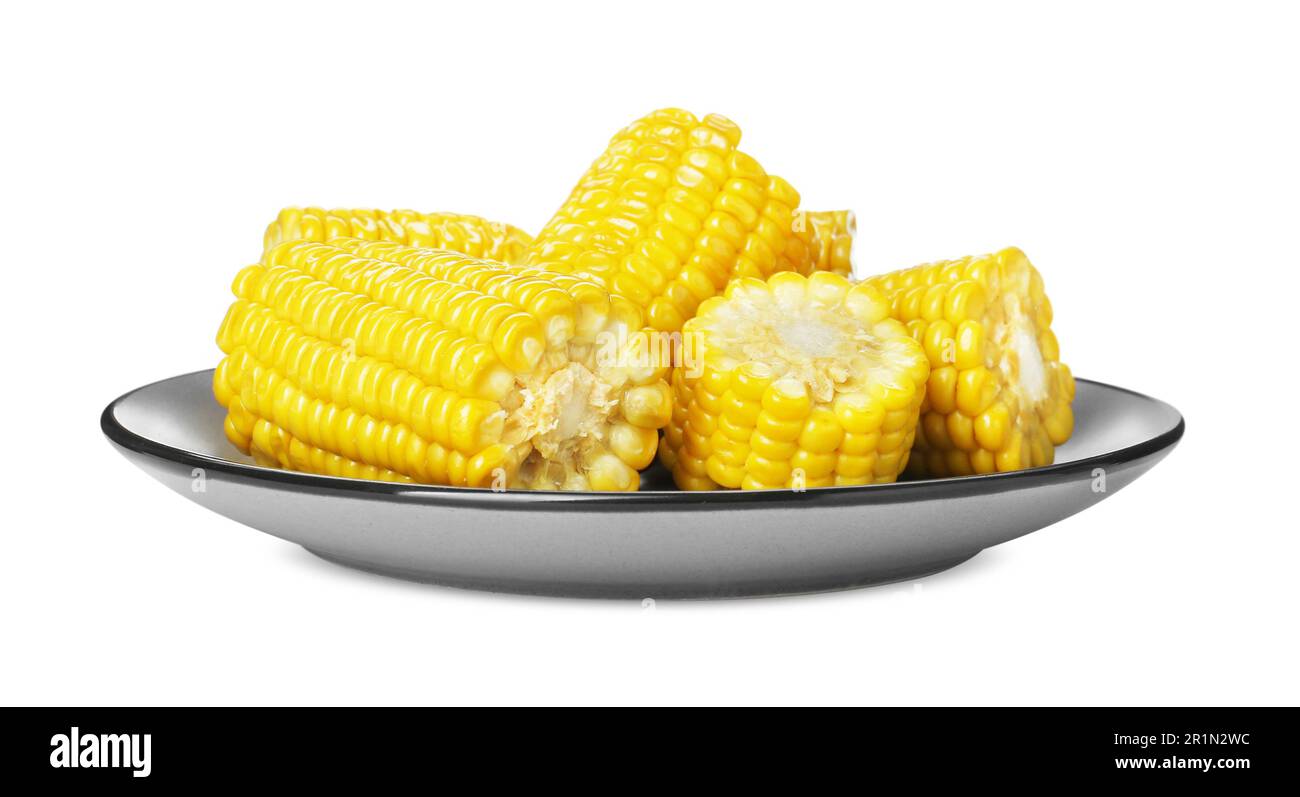 Plate with tasty cooked corn cobs on white background Stock Photo - Alamy