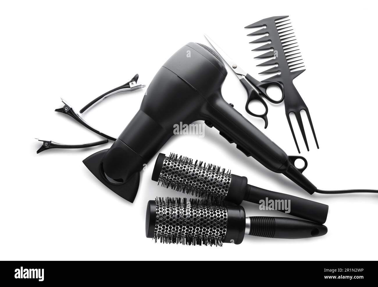 Different professional hairdresser tools on white background, top view ...