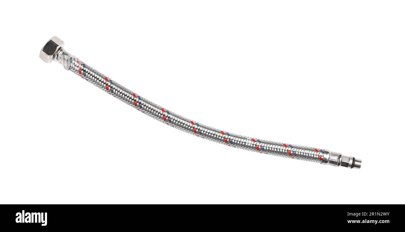 Water braided metal hose with connecting internal screw isolated on ...