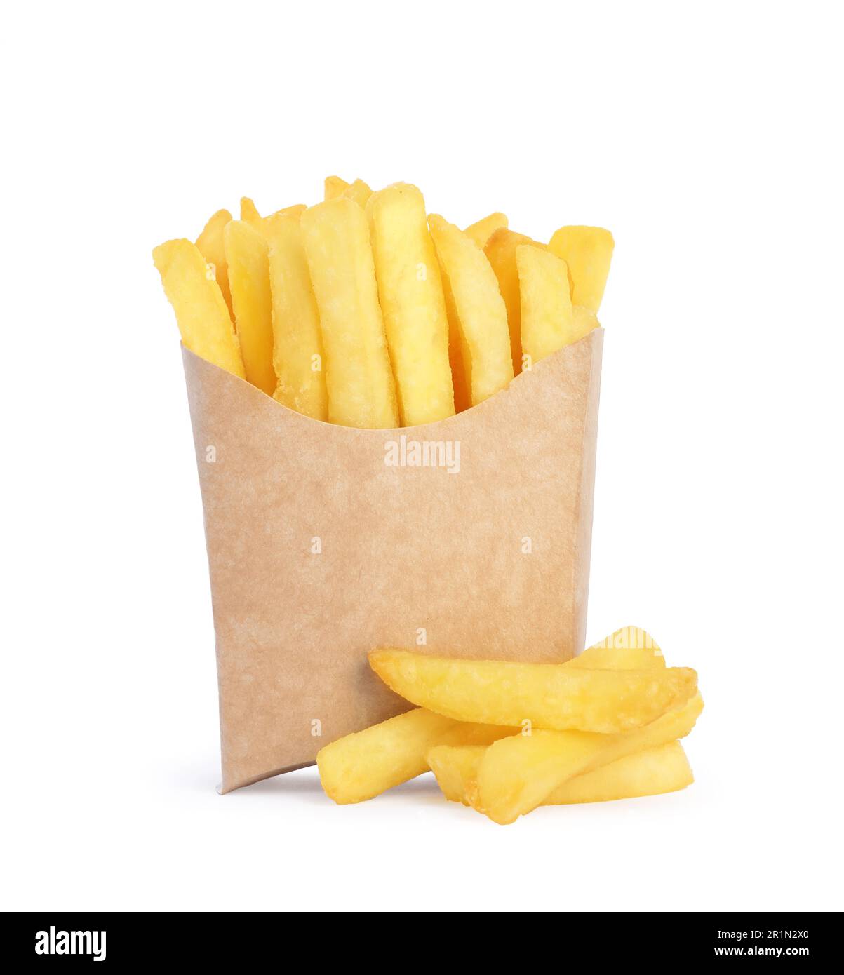 Paper takeout container with delicious french fries on white background ...