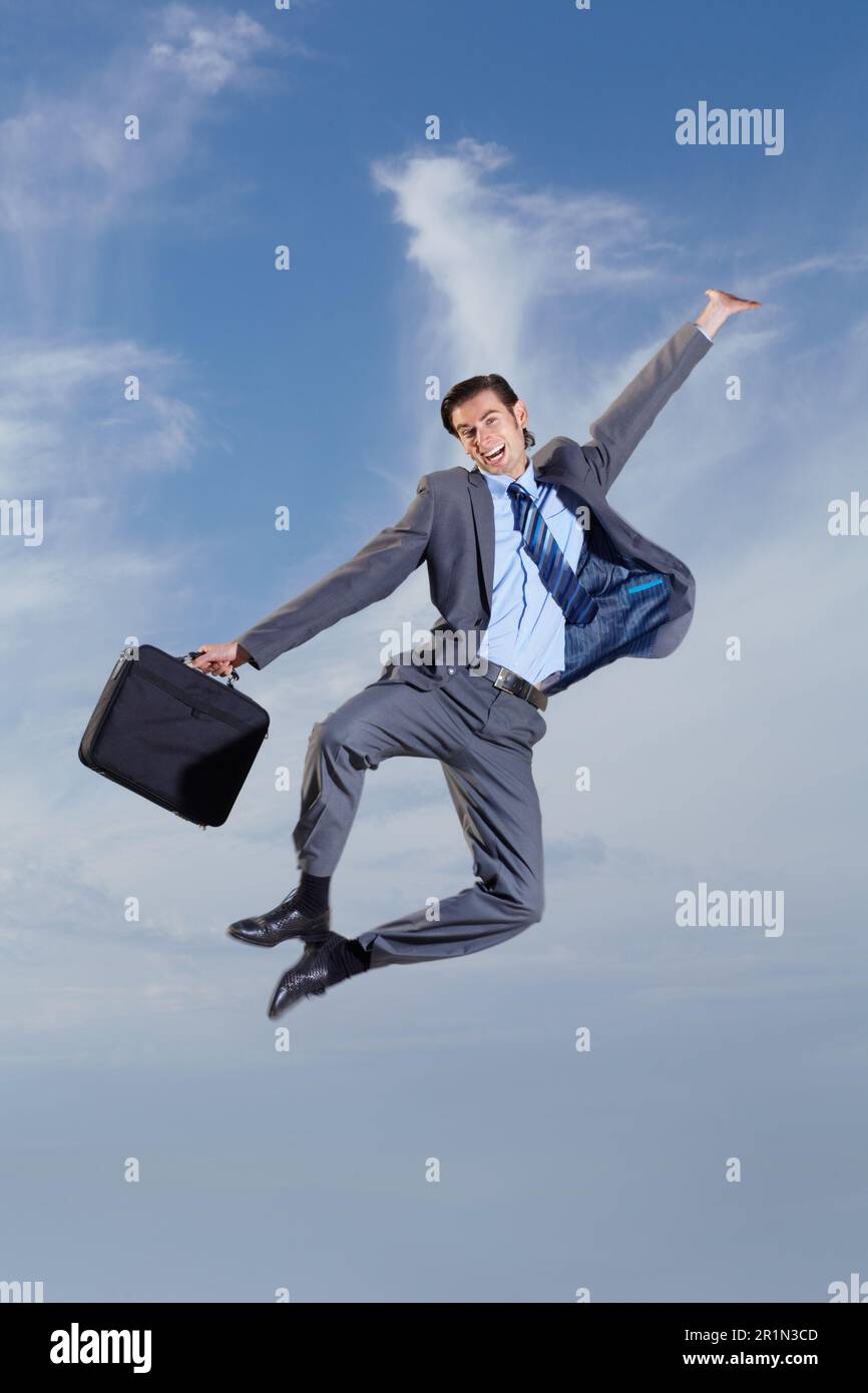 Business man, heel click and sky with suit, happiness and freedom for ...