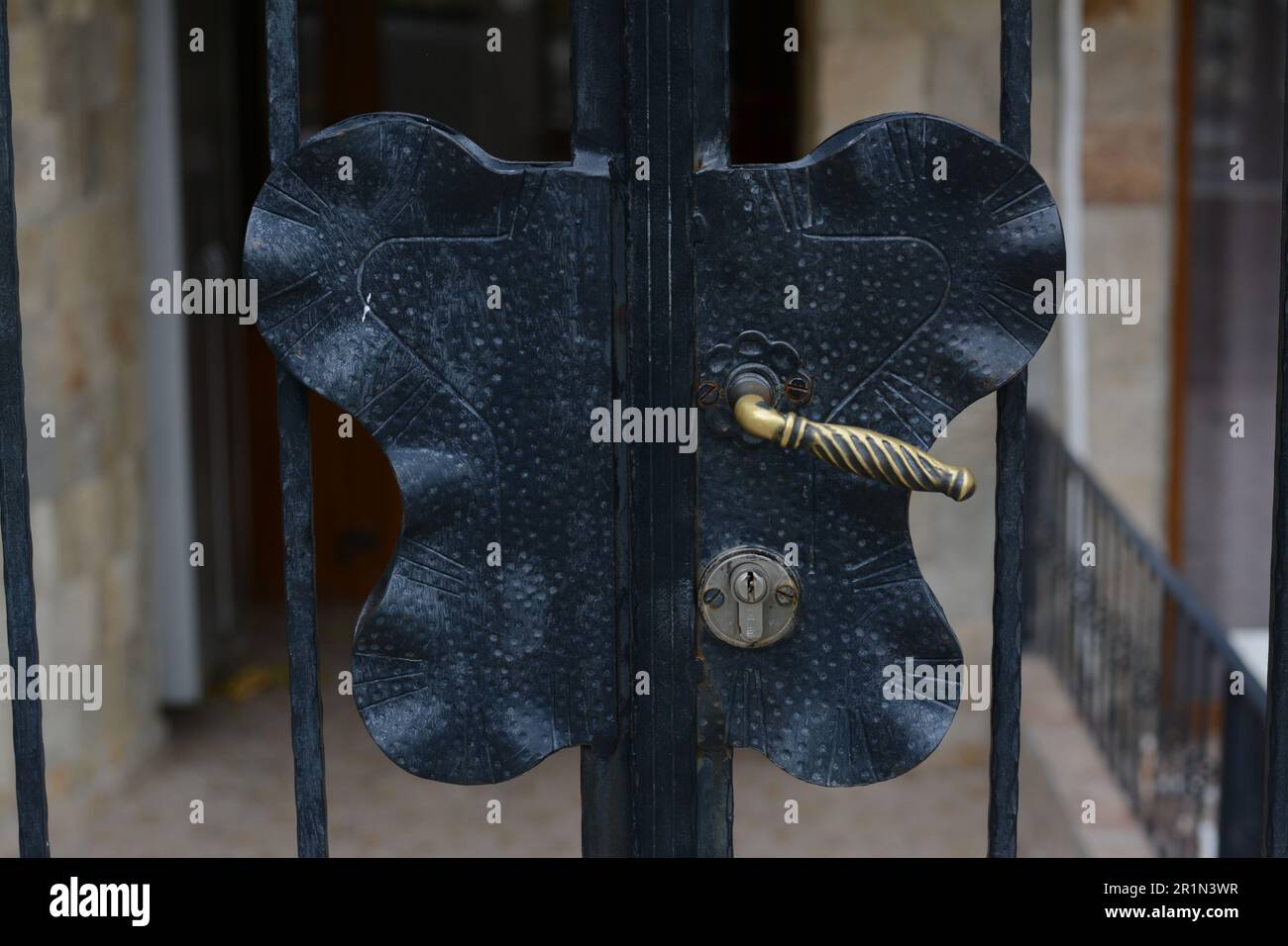 Beautiful metal gate with bronze handle and lock outdoors, closeup ...
