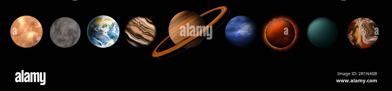 Set with many different planets on dark background, banner design Stock ...