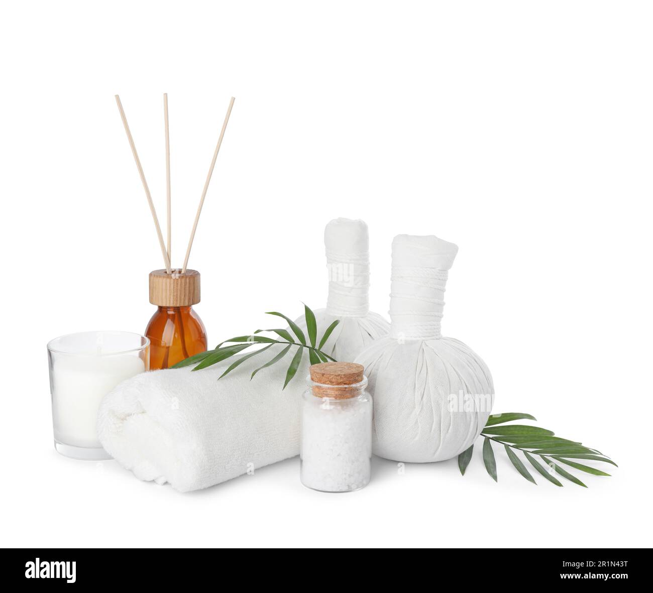 Beautiful composition with different spa products on white background ...