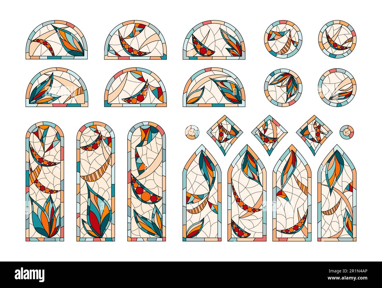 Stained glass in a Church. Set of different windows shapes drawing in ...