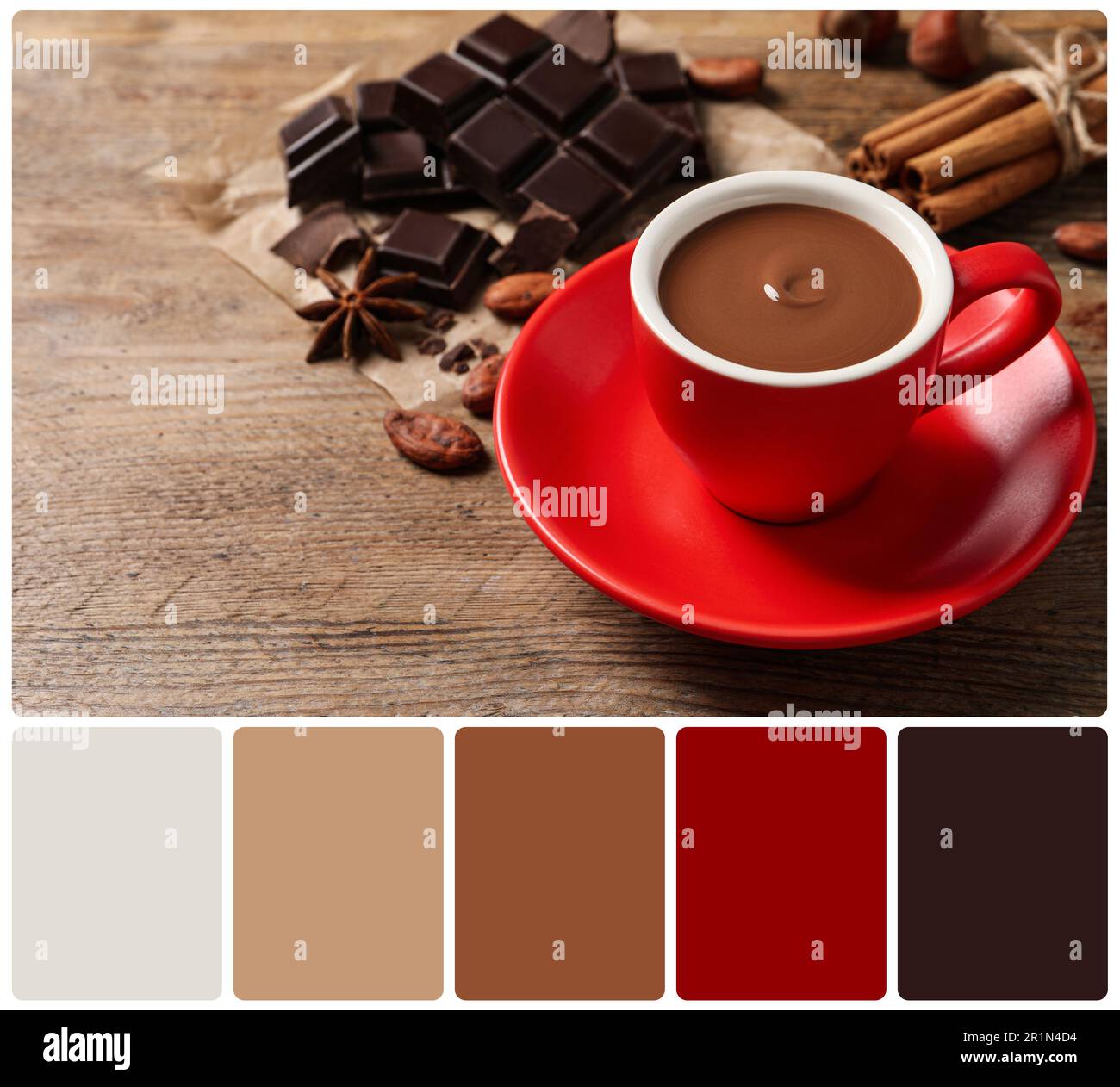 Yummy hot chocolate in cup on wooden table and color palette. Collage ...