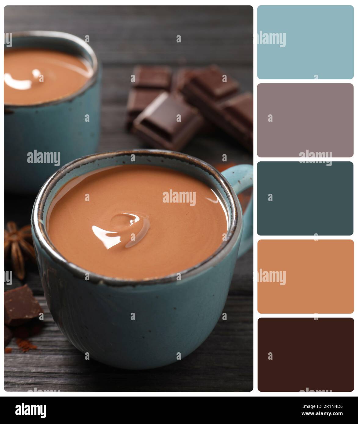 Yummy hot chocolate on black wooden table and color palette. Collage ...