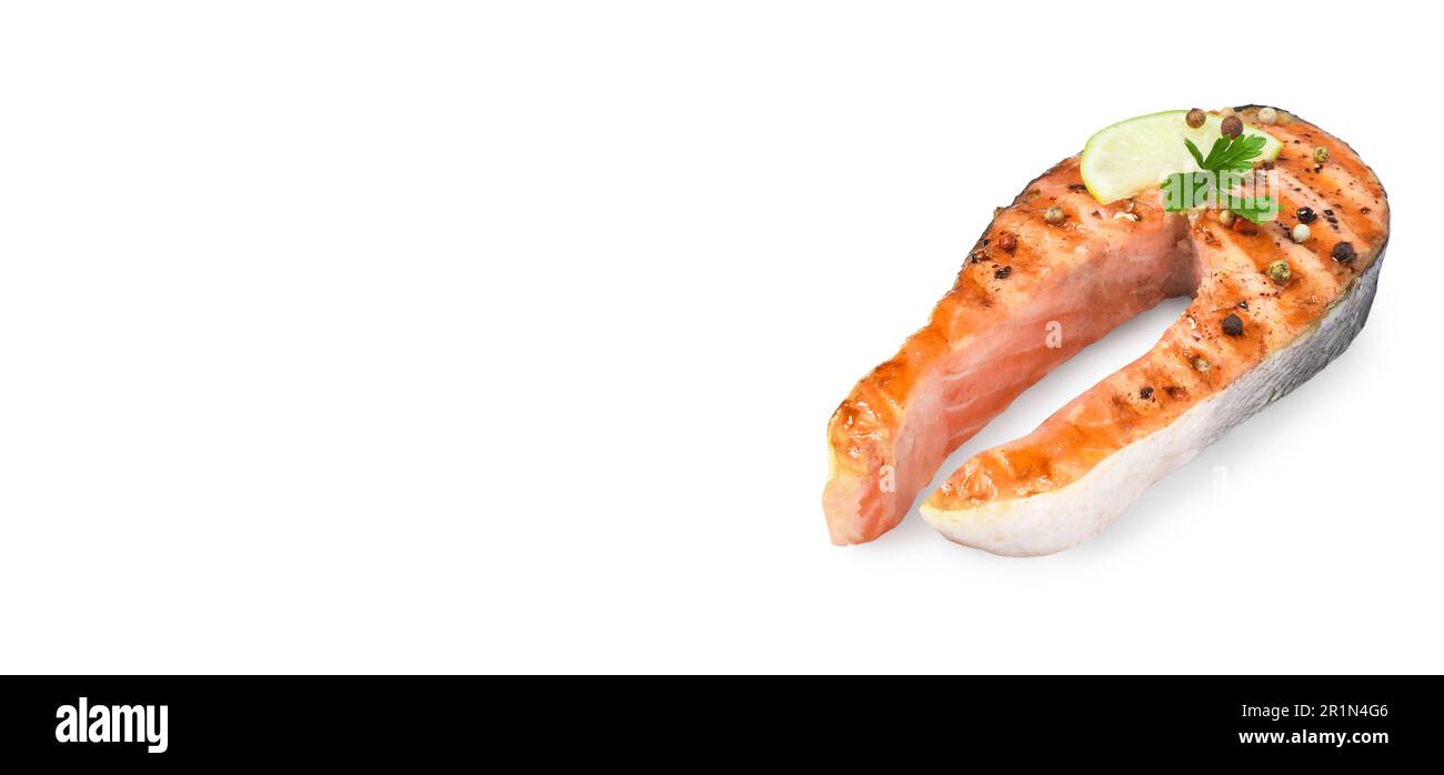 Set with tasty grilled salmon on white background. Banner design Stock ...