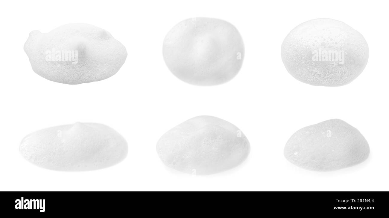 Set with drops of fluffy soap foam on white background. Banner design ...