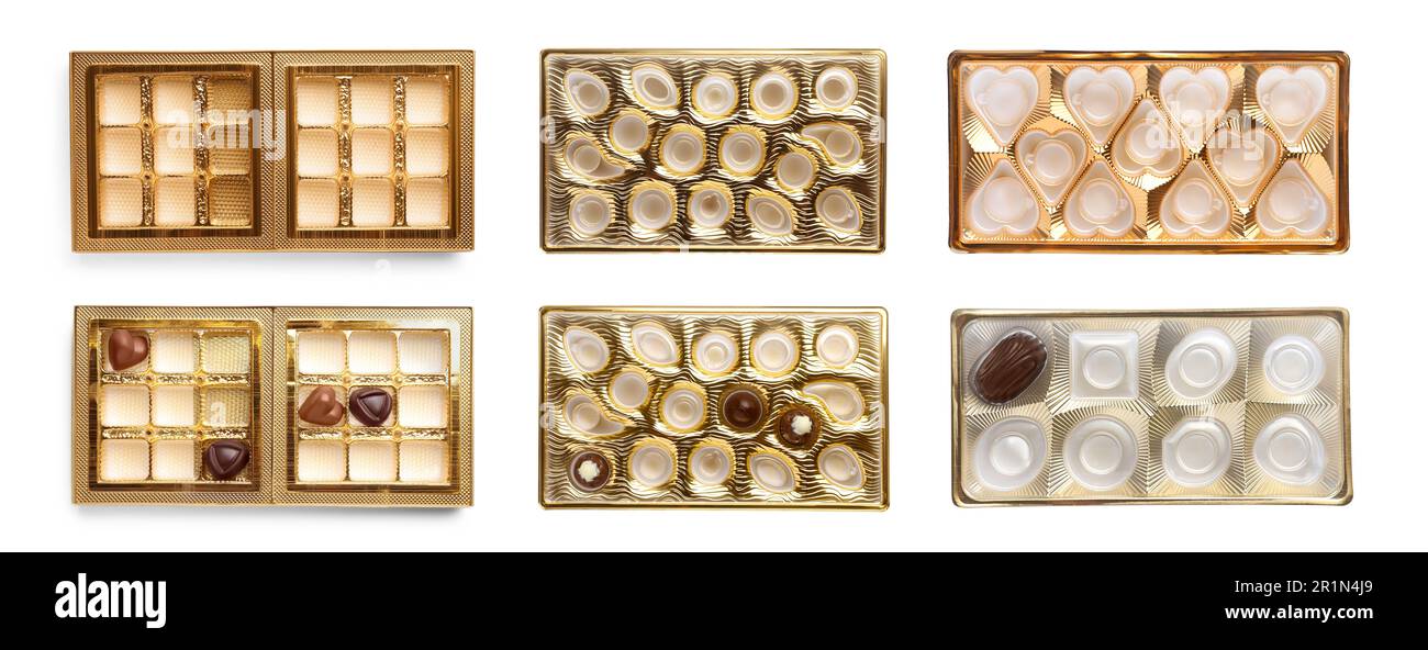 Set with full and empty candy boxes on white background. Banner design ...