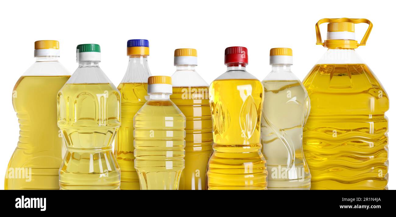 Set with different bottles of cooking oils on white background. Banner ...