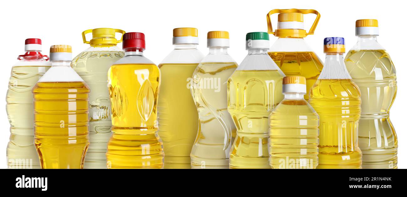 Set with different bottles of cooking oils on white background. Banner ...