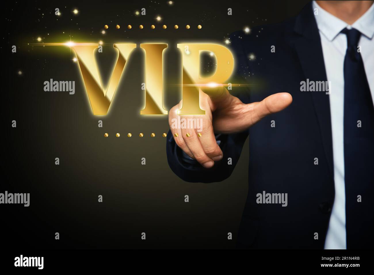 VIP member. Closeup view of man pointing at virtual abbreviation on ...
