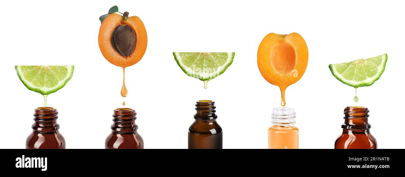 Set with different natural essential oils on white background. Banner ...
